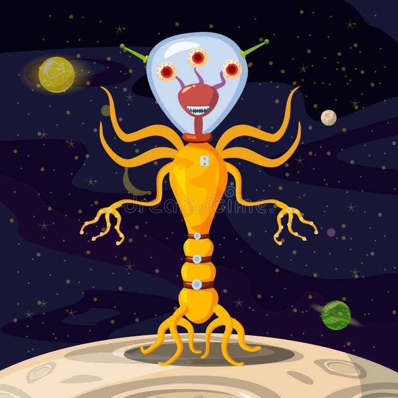 Alien In A Spacesuit, Cartoon Style, Background Space, Vector Isolated ...