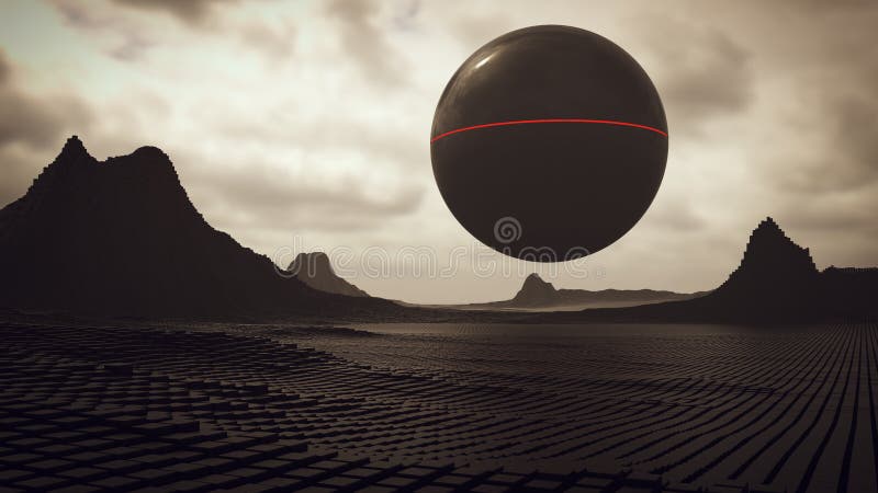 Alien Sphere Black Geometric Abstract Cube Low Landscape with Rocky ...