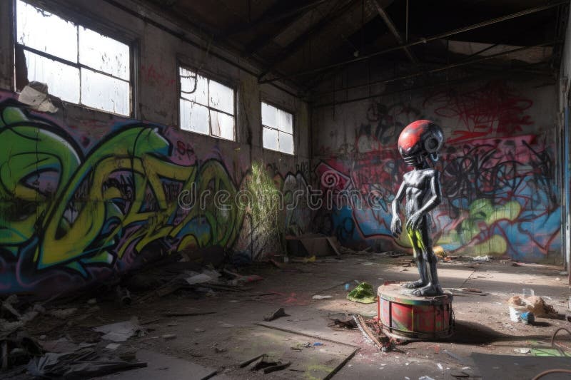 Alien with Spray Can and Graffiti Piece on Wall of Abandoned Warehouse ...