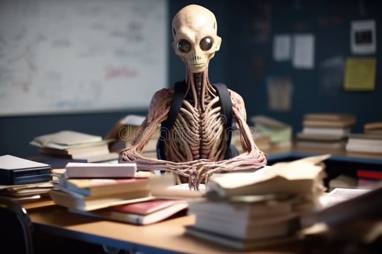 Alien Student, with Books and Notes, in Classroom Full of Human ...