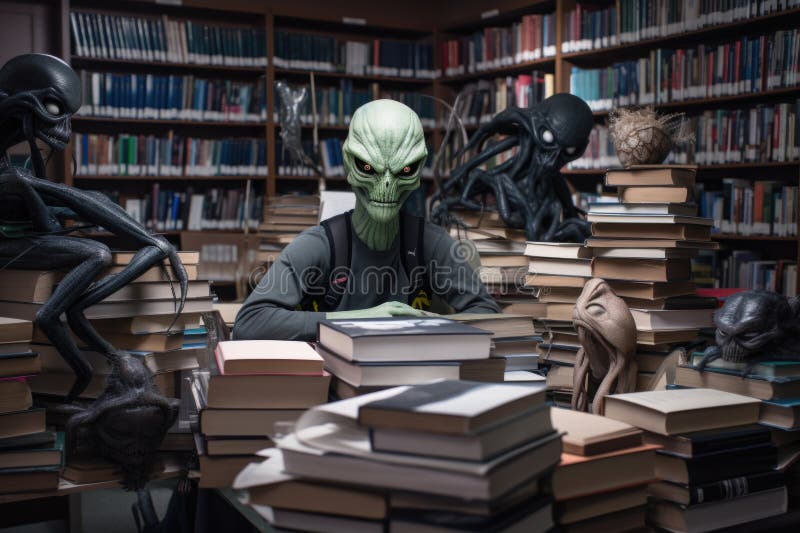 Alien Student, Surrounded by Books and Notebooks, in the Library Stock ...