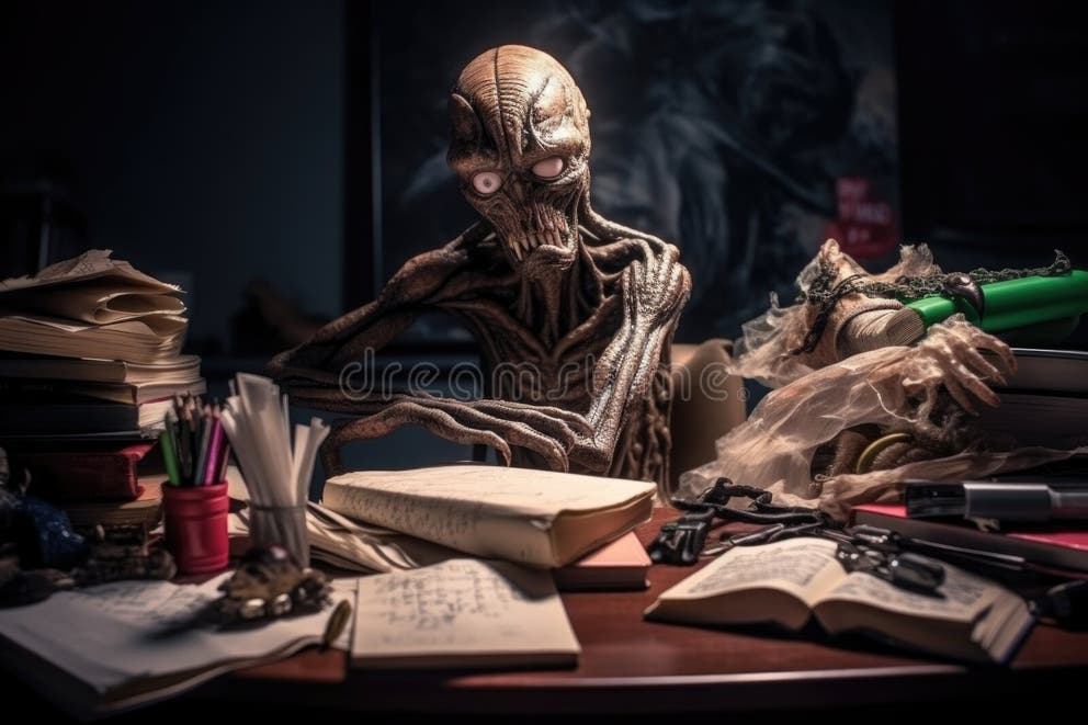 Alien Student, Surrounded by Books and Notes, Studying Hard for Exams ...