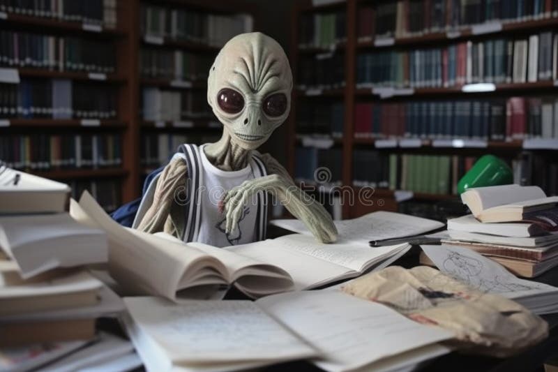 Alien Student, Surrounded by Books and Notes, Studying in the Library ...