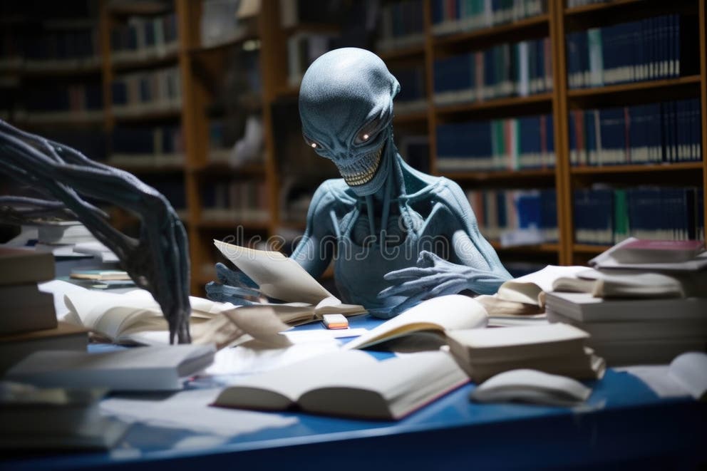 Alien Student, Surrounded by Books and Notes, Studying in the Library ...