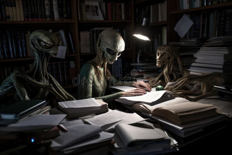Alien Student, Surrounded by Books and Papers, Studying in the Library ...