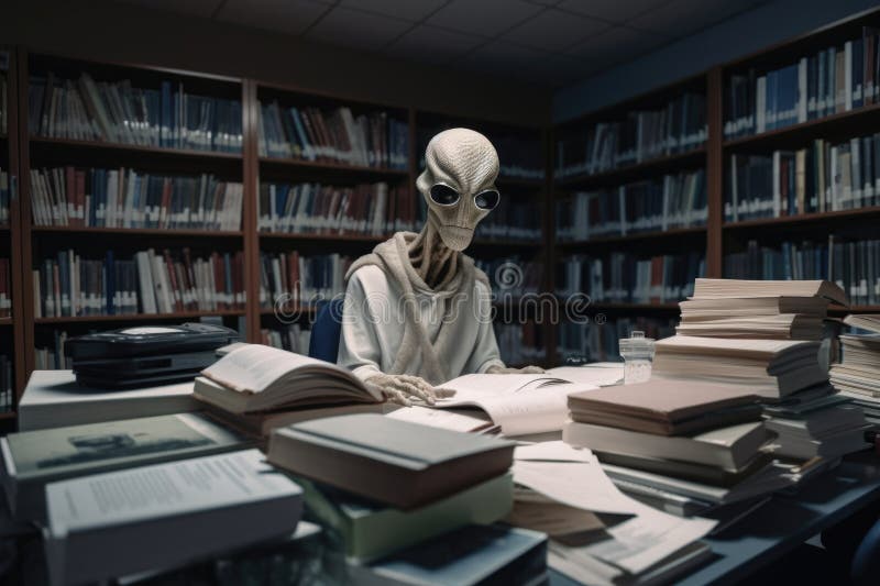 Alien Student, Surrounded by Books and Papers, Studying in the Library ...