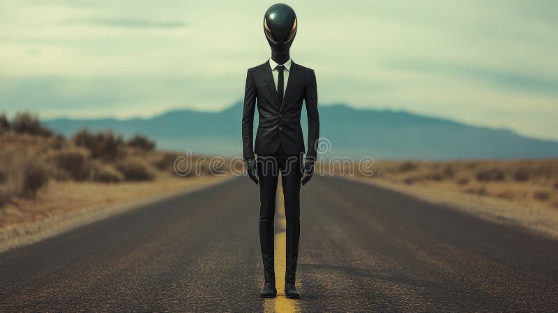 Alien in a Suit Standing on a Deserted Road, Surreal and Enigmatic ...
