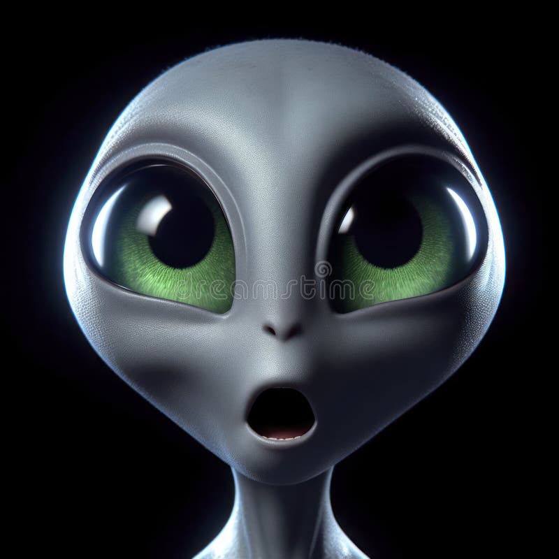 Alien Surprised With Big Green Eyes With Open Mouth On Solid Black Background Ai Generative