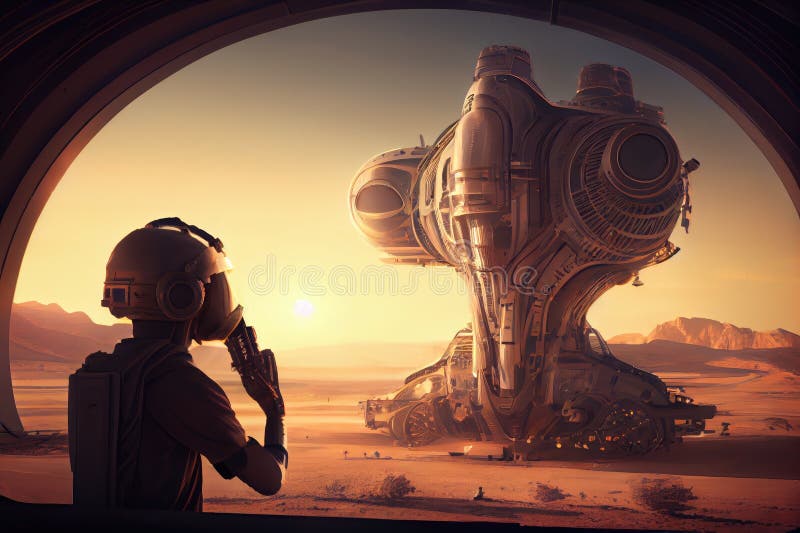 Alien Technician Inspecting Ufo Engine, with View of Futuristic ...