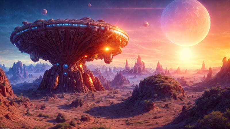 Futuristic Space Station in Orbit of an Alien Planet, Science Fiction ...