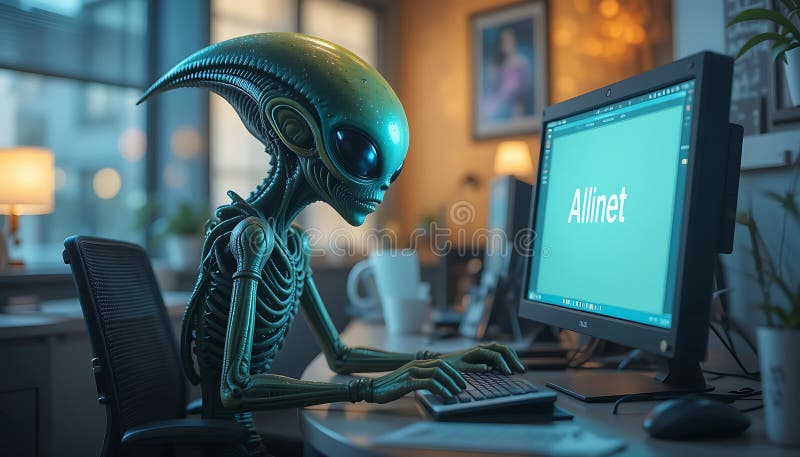 Alien Typing on Computer at Desk in Modern Office Setting Stock ...