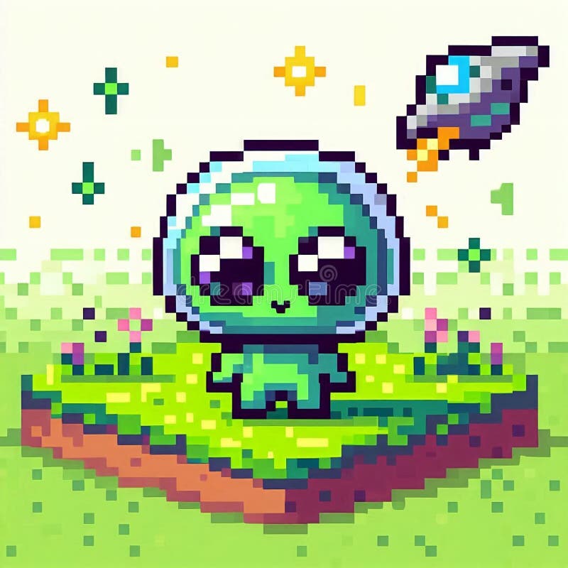 Alien and Ufo Cartoon Characters, Pixel Art Stock Illustration ...