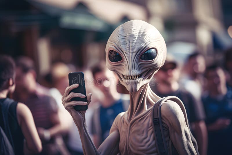 Alien Uses Smartphone among Crowd of People in City. Creature ...