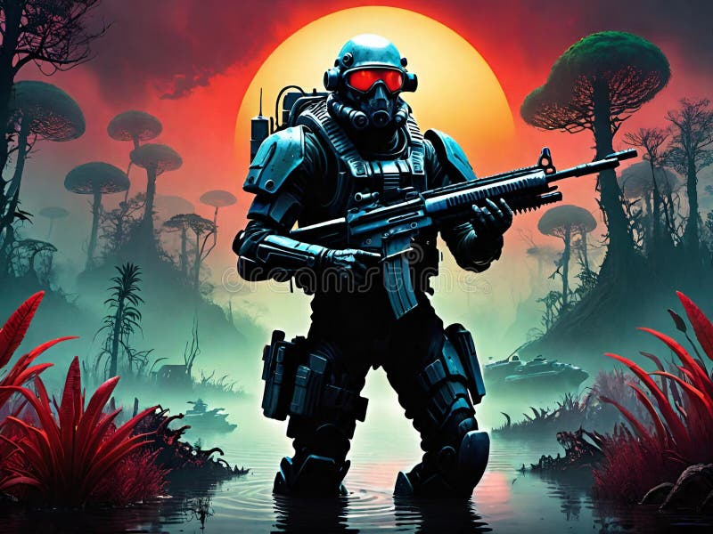 An Alien Warriors Exploring a Strange Planet with Many Multicolored ...