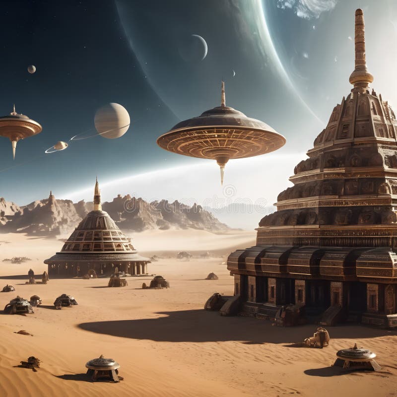 An Alien World with Desert, Pyramids and Planets. Stock Illustration ...