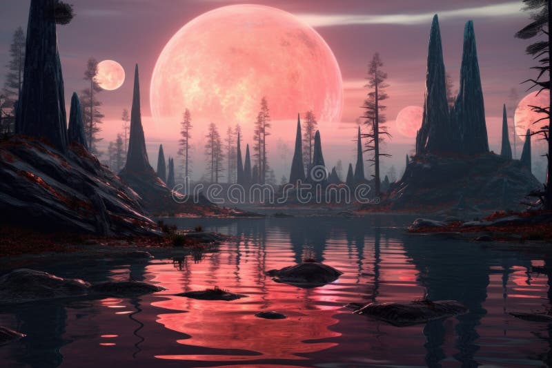 Alien World with Multiple Moons during Twilight Stock Illustration ...