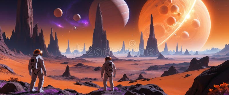Alien World with Two Suns and Crystal Formations Stock Image - Image of ...