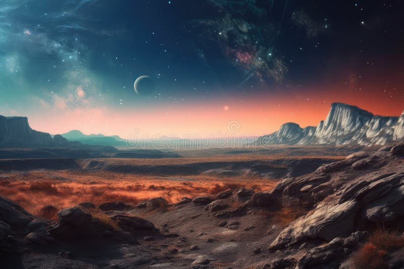 Alien World, with Unique and Bizarre Landscape, Surrounded by Distant ...