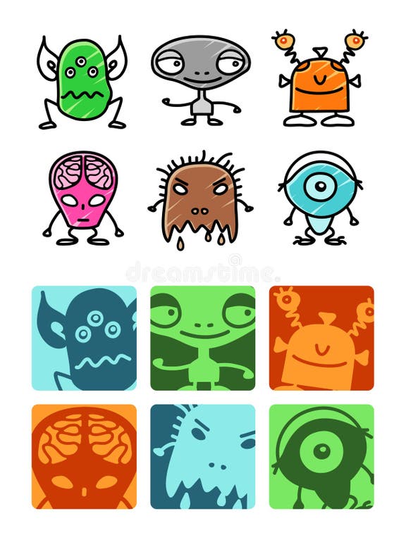 Aliens Martians Cartoon Characters Set Stock Illustrations – 7 Aliens ...