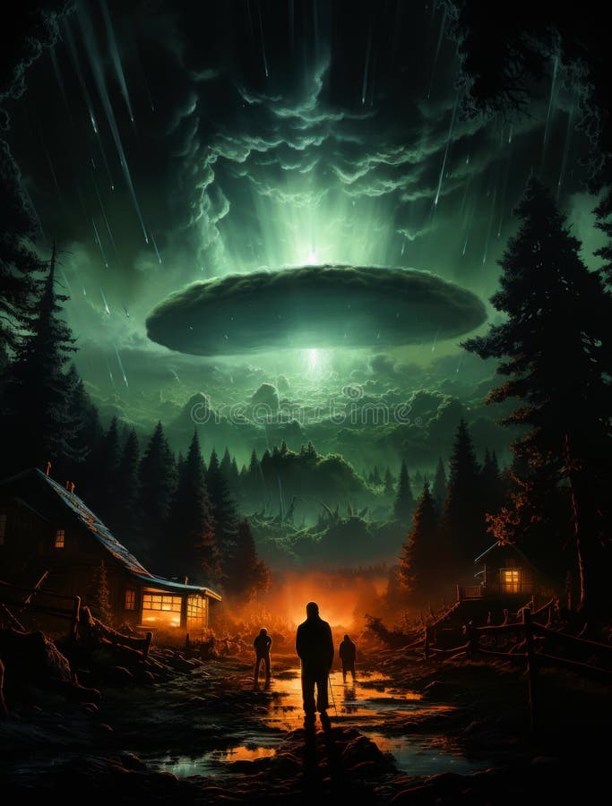 Aliens are Approaching the Village at Night Stock Illustration ...