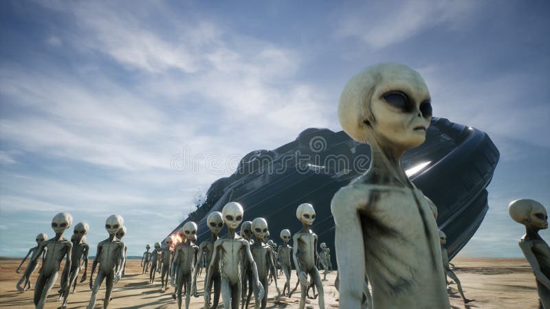 Aliens are Evacuated from a Fallen and Burning Spaceship. 3D Rendering ...