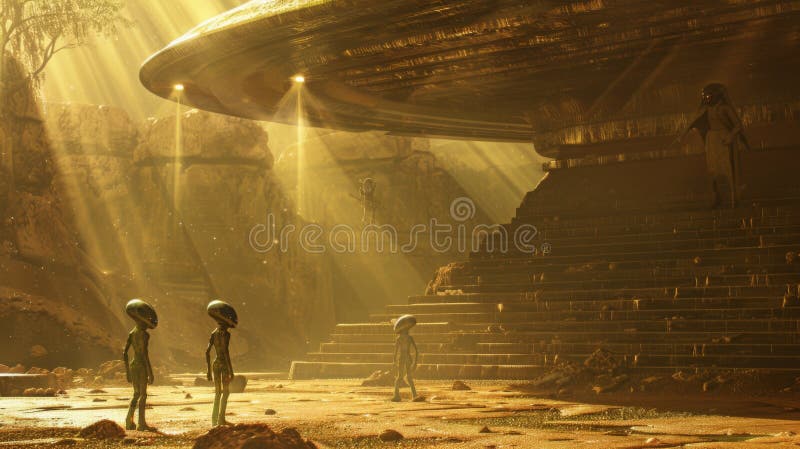Aliens Exploring Ancient Structure Under UFO, Sunlit Canyon, Daytime ...