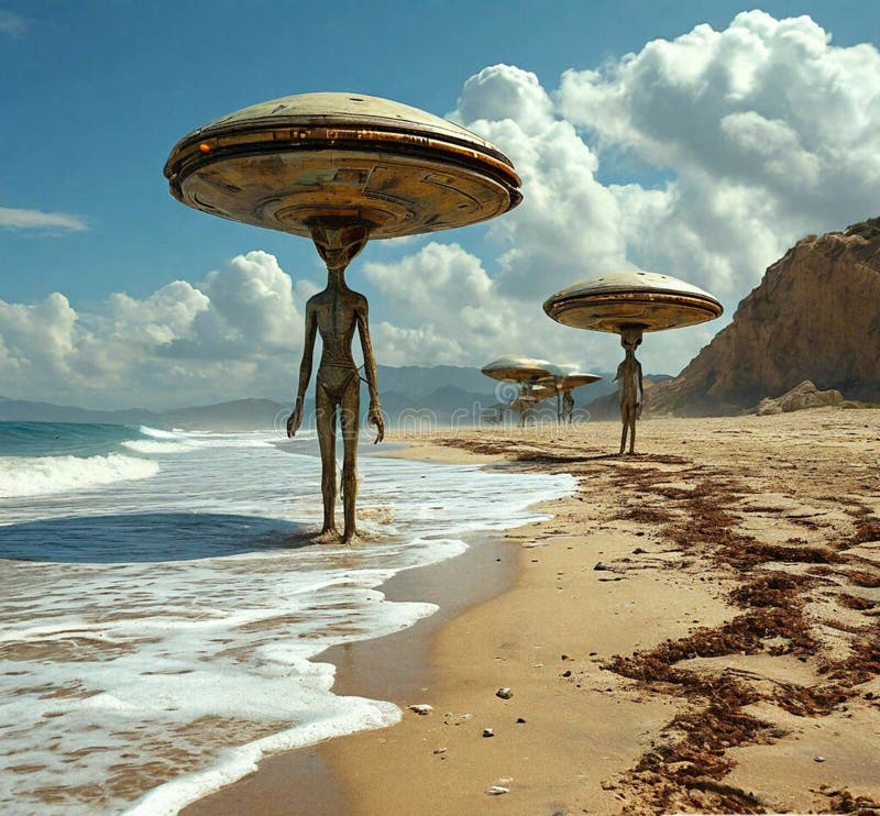 Aliens landed on the beach stock illustration. Illustration of group ...