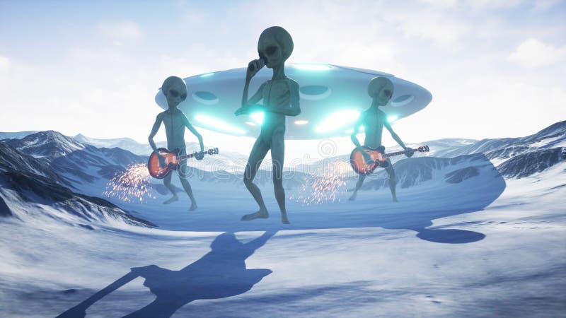 Aliens Sing and Play Guitars on Their Home Snow Planet. 3D Rendering ...