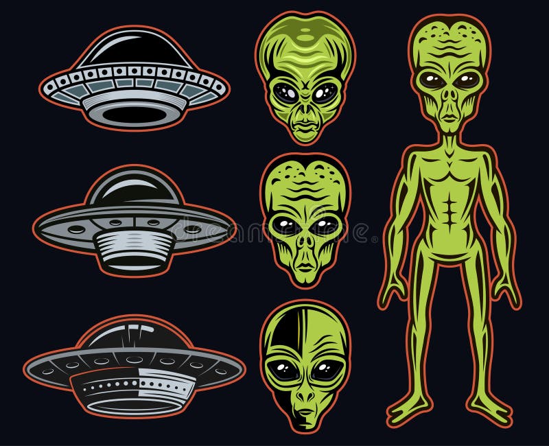 Aliens and Ufo Set of Vector Objects or Graphic Elements in Colored ...