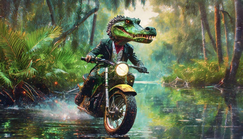 Alligator Man Riding a Motorcycle in the Swamp Stock Image - Image of ...