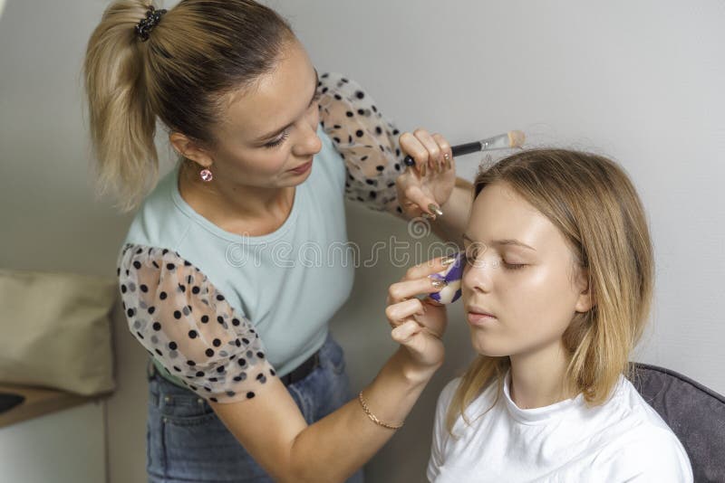 Work of a Makeup Artist. Young Girl Makeup Process Stock Image - Image ...