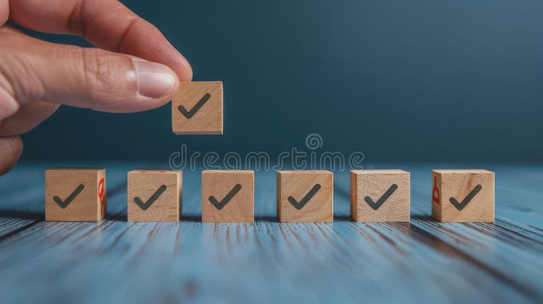 Alignment of Wooden Blocks with Checkmarks on a Blue Surface ...