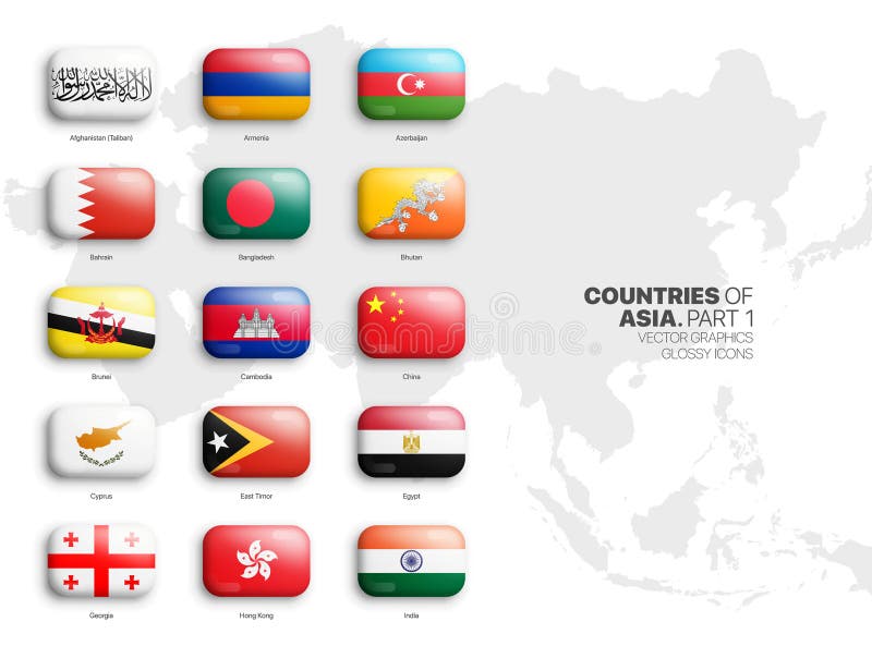 All Asian Countries Flags Vector 3D Rounded Glossy Icons Set Isolate on ...