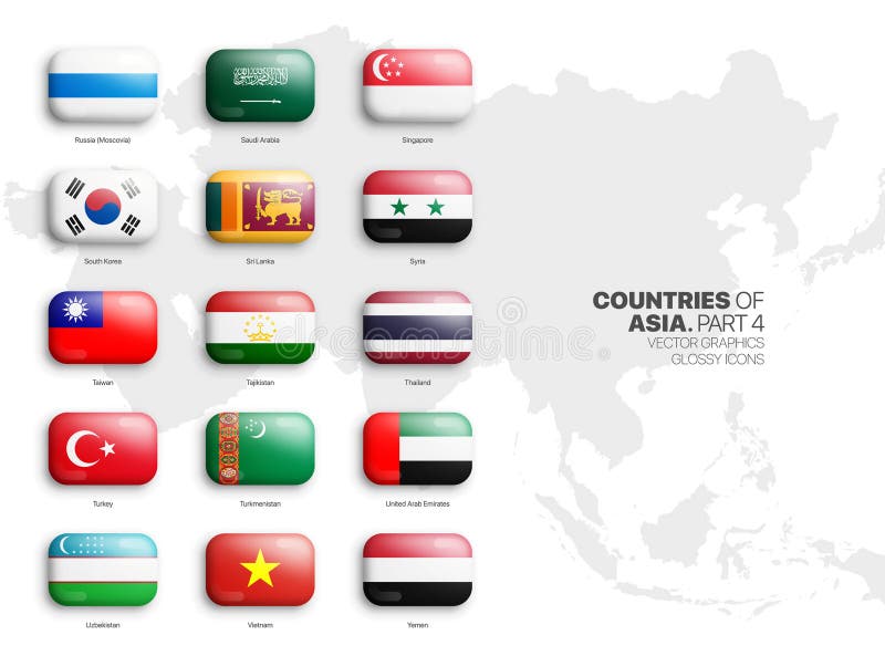 All Asian Countries Flags Vector 3D Rounded Glossy Icons Set Isolate on ...