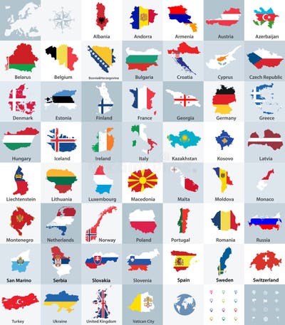 All Europe Countries Maps Mixed with Flags Stock Vector - Illustration ...