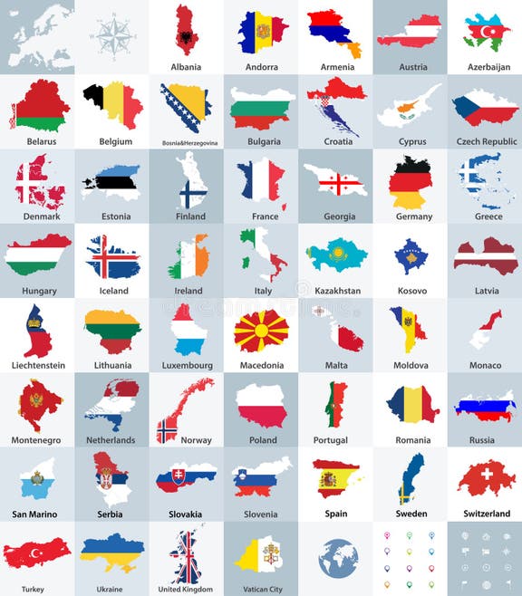 All Europe Countries Maps Mixed with Flags Stock Vector - Illustration ...
