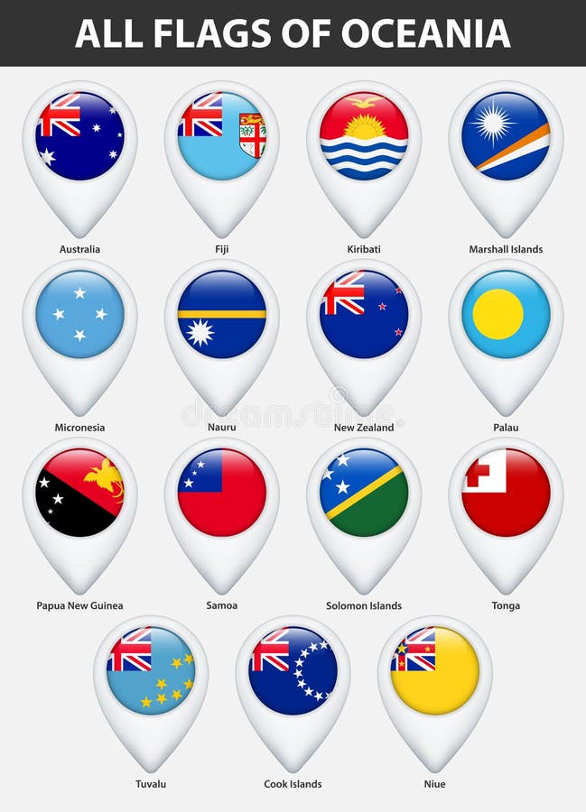 All Flags of the Countries of Oceania. Pin Map Pointer Glossy Style ...