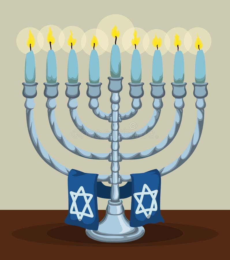 Chanukiah with Lighted Candles, Sufganiyah and Dreidel for Hanukkah ...