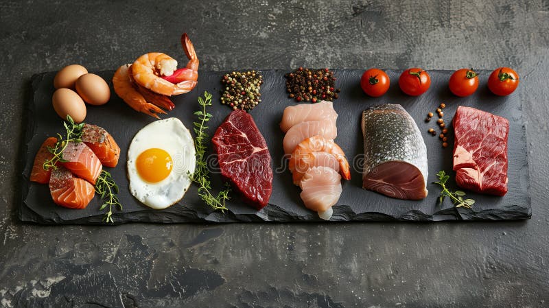 Backlit Tray of Meat, Fish and Eggs Platter Overhead. Generative AI ...