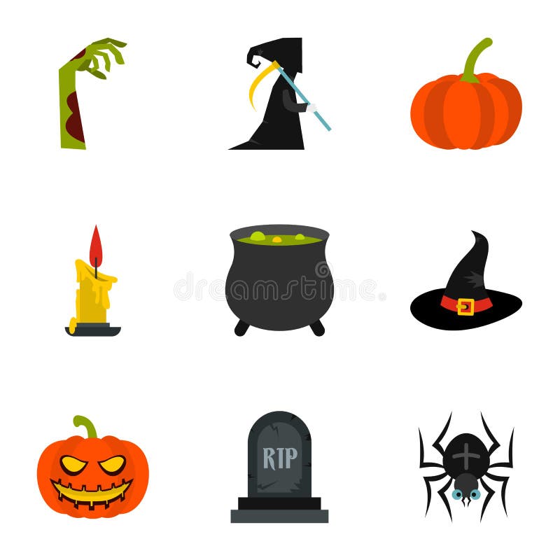 All Saints Day Icons Set, Flat Style Stock Vector - Illustration of ...