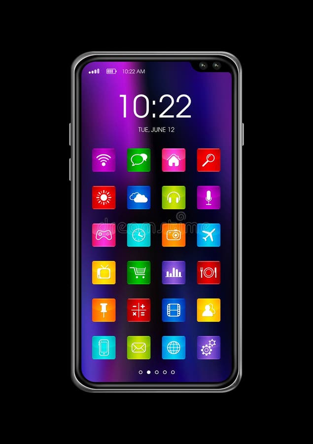 All Screen Smartphone with Colorful Icon Set Isolated on Black. 3D ...
