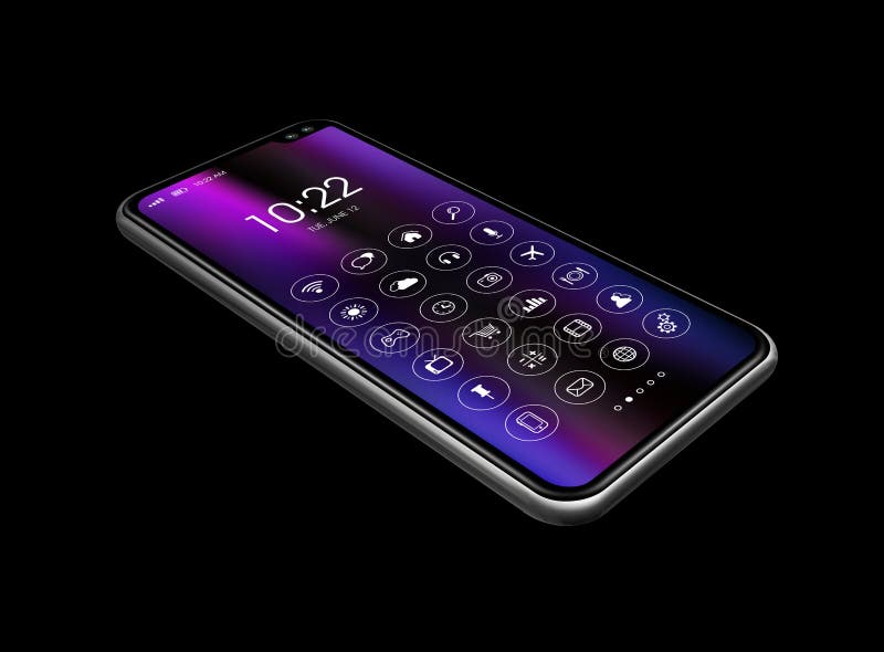 All Screen Smartphone with Icon Set Isolated on Black. 3D Render Stock ...