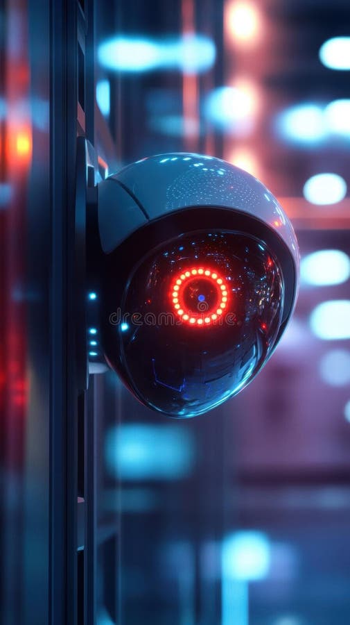 The All-Seeing Eye, a Surveillance Camera in a Neon-Lit City Stock ...