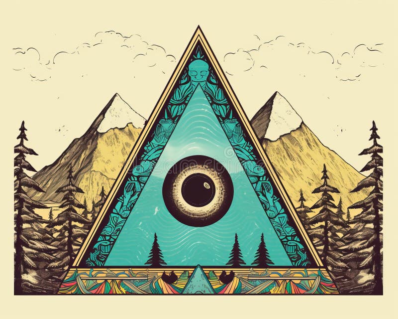 An All Seeing Eye in a Triangle with Mountains and Trees Stock ...