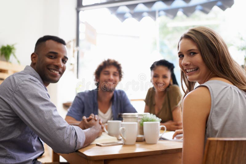 All Together Again. a Group of Friends Talking in a Cafe. Stock Image ...