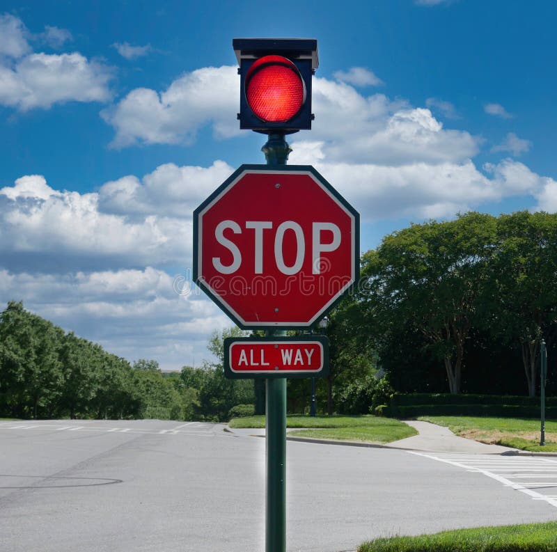 All Way Stop Sign with Traffic Light. Stock Photo - Image of freeway ...