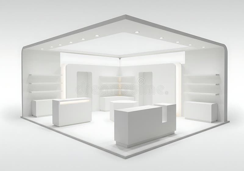 Conceptual 3D Model Display Area with Shelves and Counter, All White ...