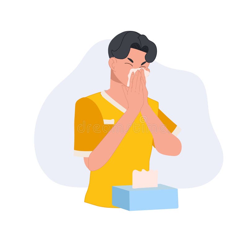 Allergy and Cold Prevention Concept. Man Sneezing with Tissue Paper Box ...