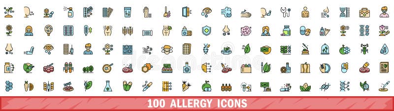 100 Allergy Icons Set, Color Line Style Stock Vector - Illustration of ...