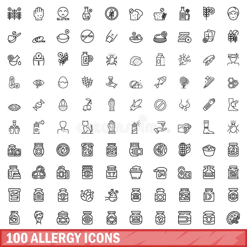 100 Allergy Icons Set, Outline Style Stock Illustration - Illustration ...